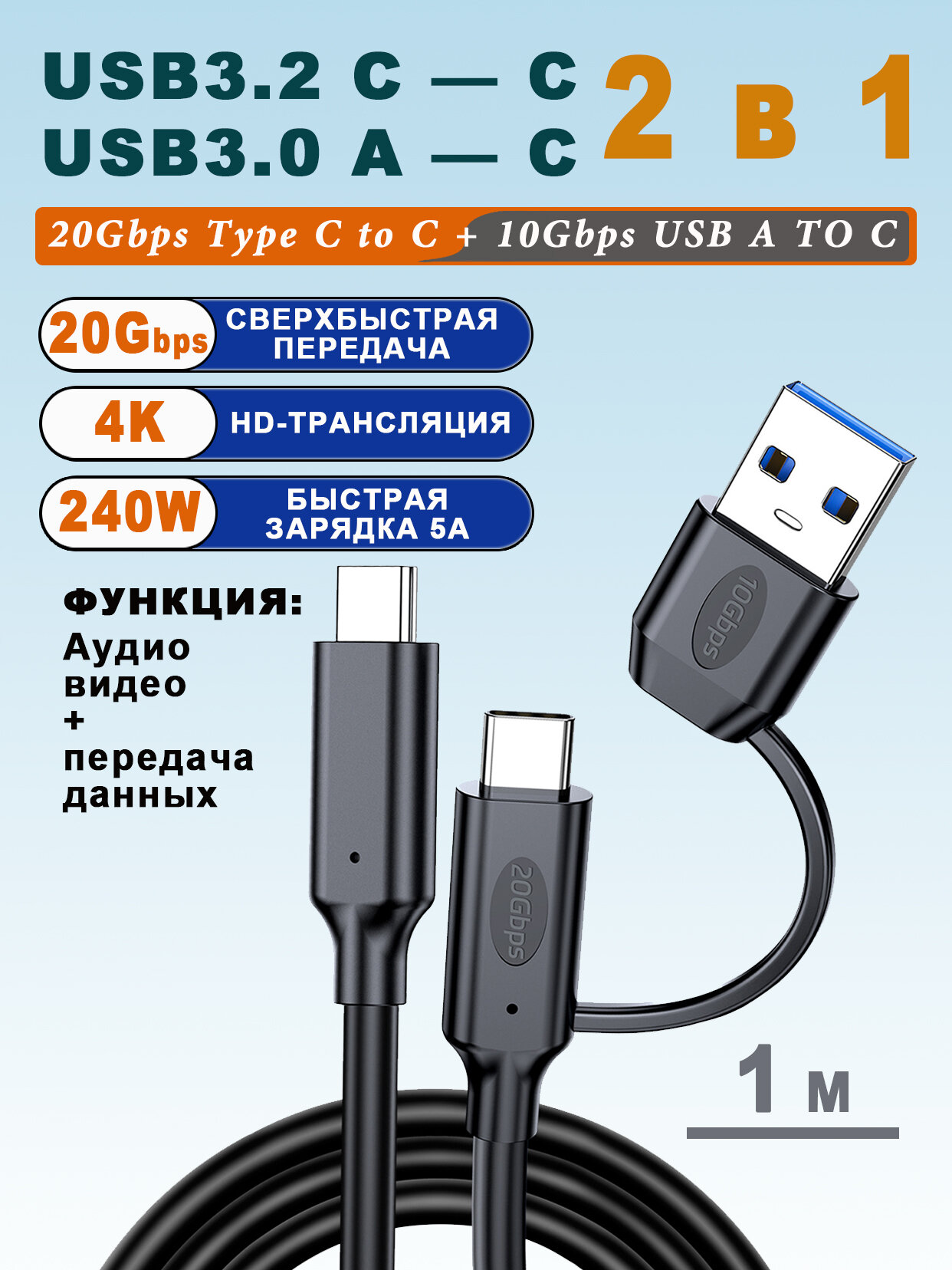 Кабель 2-в-1 USB 3.2 Gen 2x2 (20Gbps) Type-C и USB 3.0 Type-A для 4K@60Гц, данных и зарядки 240W