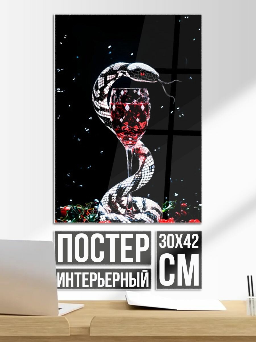 Постер на стену Черно-белая змея с фужером вина и падубом