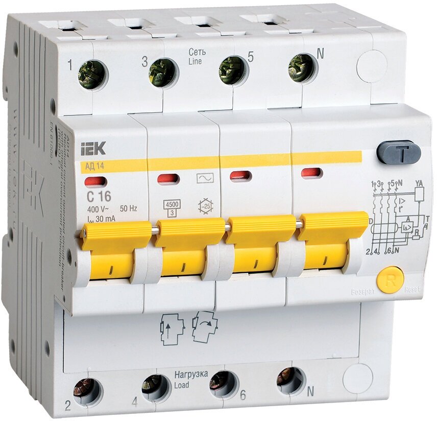 Выключатель автоматический дифференциальный АД-14 4п 16А 30мА С IEK MAD10-4-016-C-030