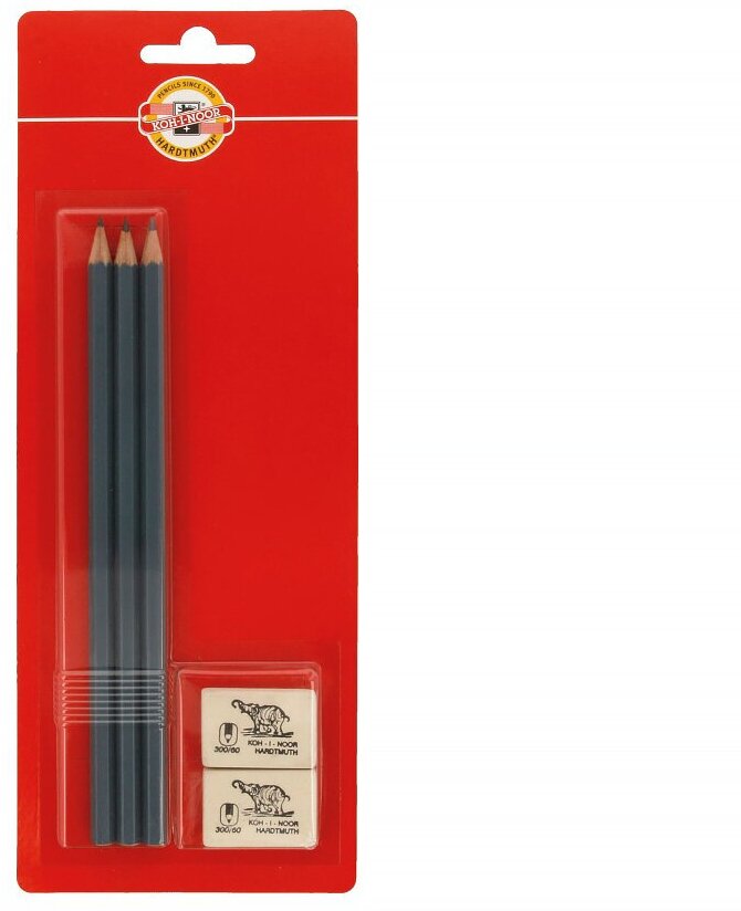 KOH-I-NOOR набор карандашей чернографитных H 1703/2, 3 шт; ластики 300/60 2 шт; блистер