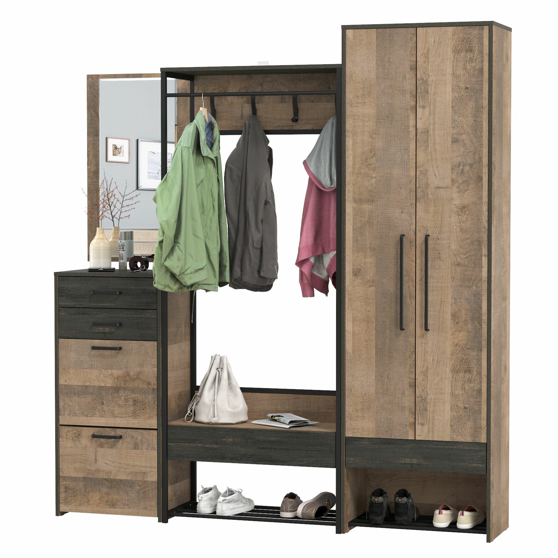 Набор мебели для прихожей в современном стиле Трувор № 232, цвет дуб гранж песочный/интра, ШхГхВ 193,2х37х210 см.