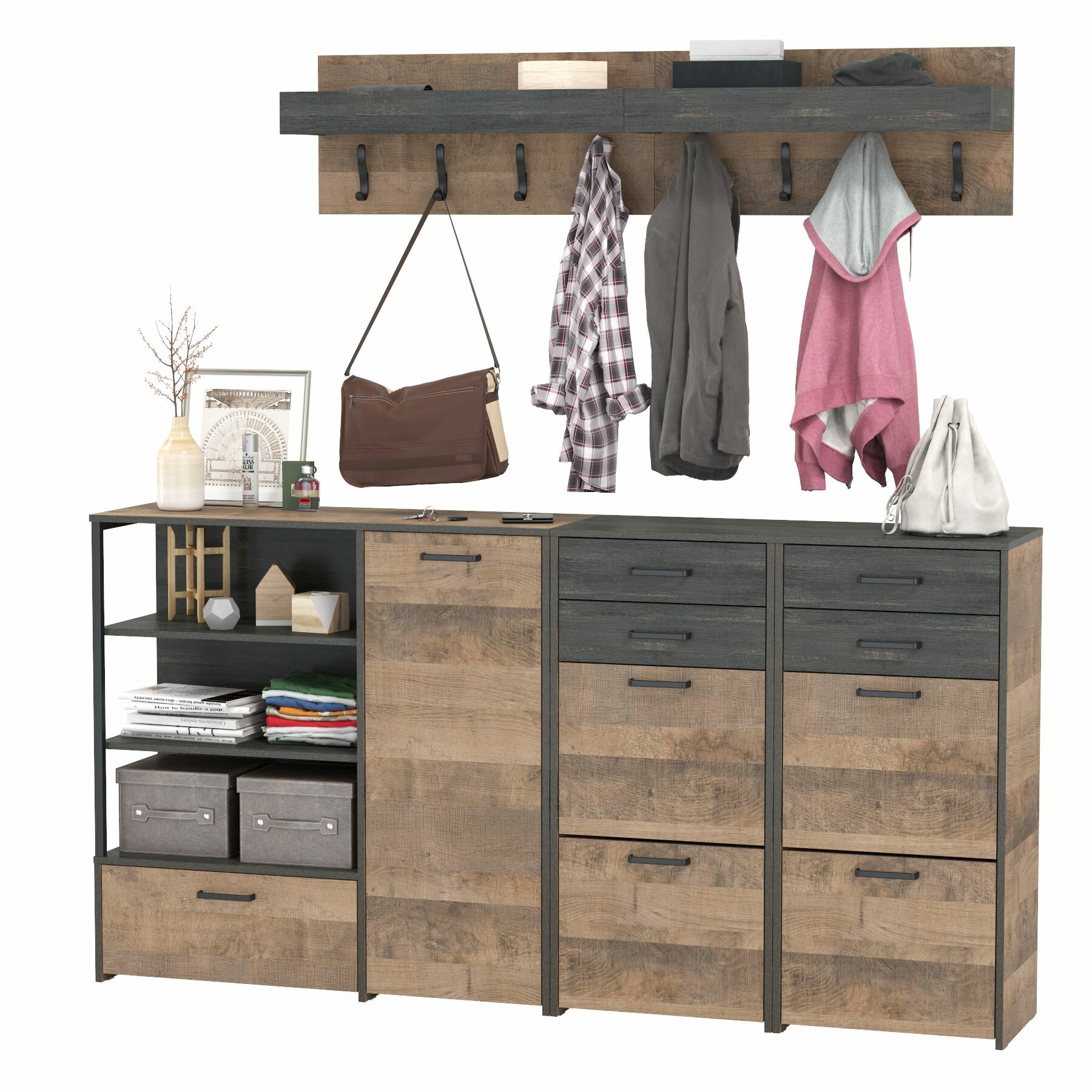 Две вешалки для одежды с полкой с двумя тумбами для обуви и комодом-тумбой с дверкой Трувор, дуб гранж песочный/интра