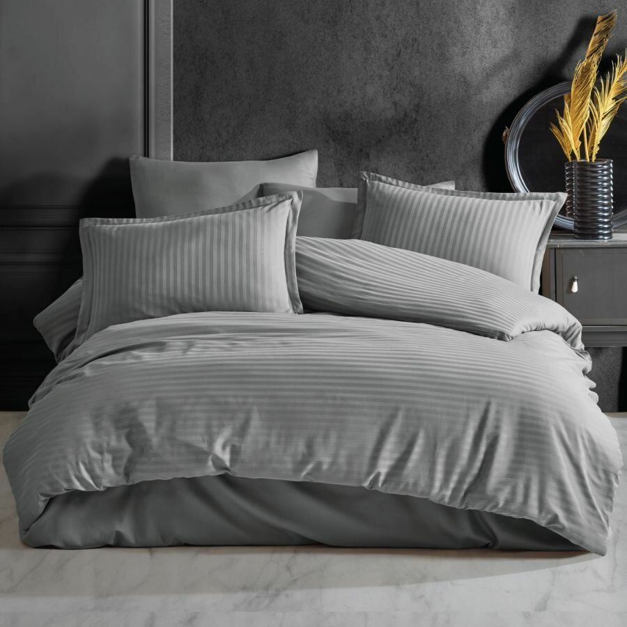 Комплект постельного белья "Lale Home" страйп-сатин, евро, серый