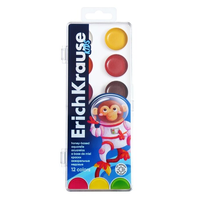 Краски акварельные 12 цветов, ErichKrause Kids Space Animals, медовая, с УФ защитой яркости, пластиковая коробка, европодвес