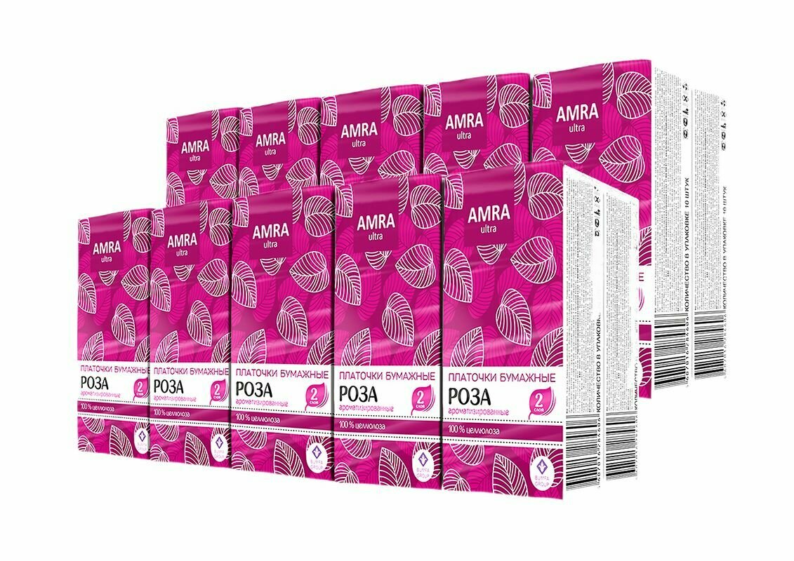 Amra Платочки бумажные двухслойные белые с ароматом розы, 10 шт в упаковке, 10 уп
