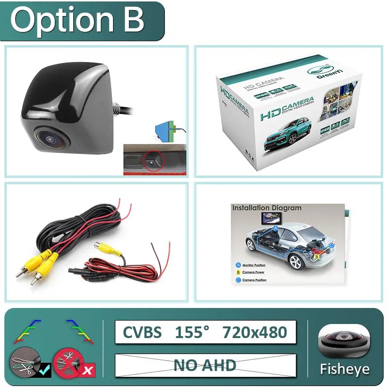 GreenYi ° Объектив «рыбий глаз» 1920x1080P HD AHD Автомобильная камера заднего B-720x480-155deg