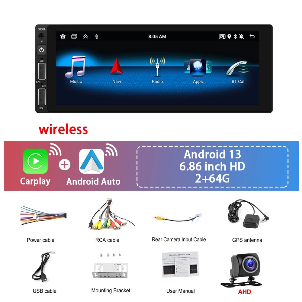 Автомагнитола Podofo 1 Din, Android, Carplay, MP5/2 + 64 ГБ, Bluetooth, 6,86 дюйма 2 64G AHD