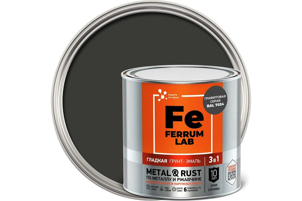 Ferrum Lab Грунт-эмаль по ржавчине 3 в 1 гладкая графитовая серая глянцевая, банка 0,75 л 215992
