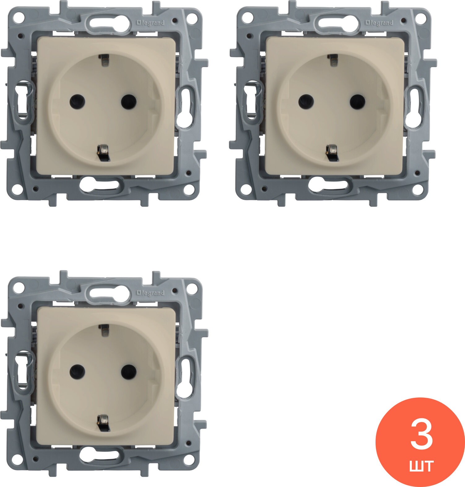 Розетка силовая штепсельная Legrand / Легранд Etika механизм 2К+З, 16А 250В, слоновая кость 672321 / электрооборудование (комплект из 3 шт)
