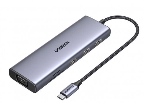 Хаб (разветвитель) Ugreen CM498, USB-C to 3*USB-A TF SD VGA RJ45 HDMI PD100W USB-C, серый(15600)