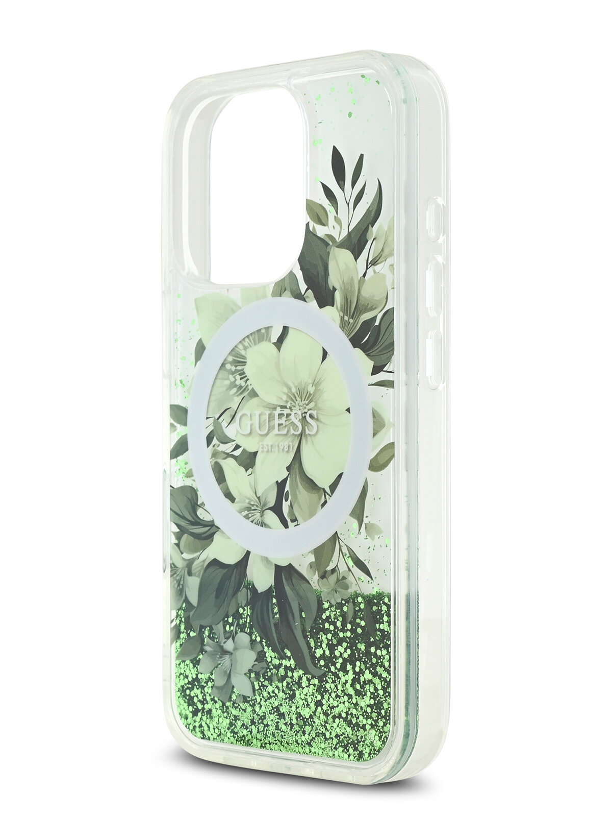 Guess для iPhone 16 Pro Max чехол Liquid Glitter Flowers Hard Green (MagSafe)