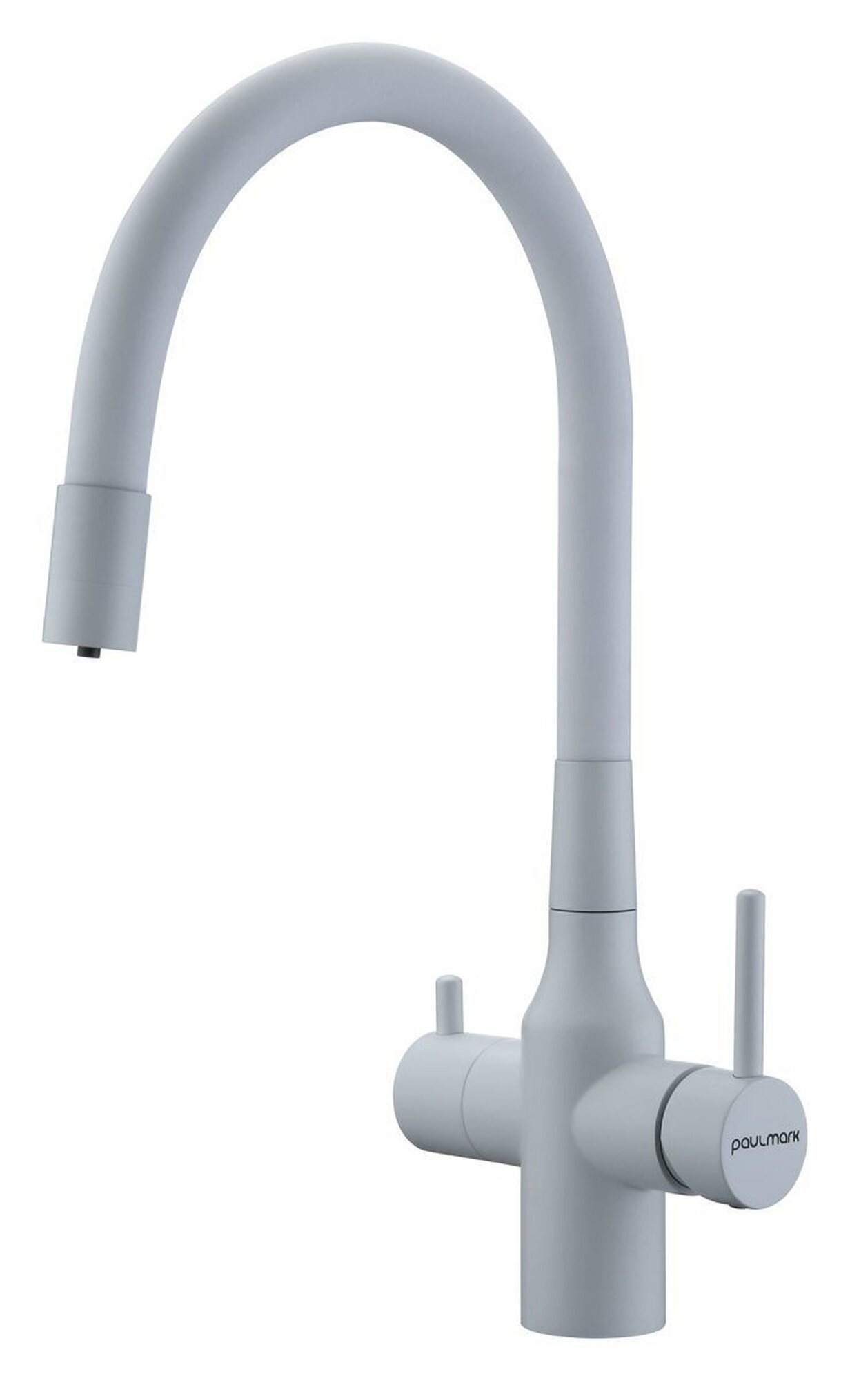 Смеситель для кухни с гибким изливом Paulmark SALIX, подключение к фильтру питьевой воды с отдельным каналом, двурычажный, поворотный, латунь / силикон, на мойку, белый матовый, Sa213419-431