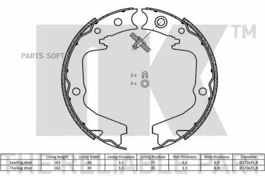 2744840 NK Колодки стояночного тормоза, барабанные (170x35,80mm) / SUBARU Legacy-III/IV, Outback 99~09