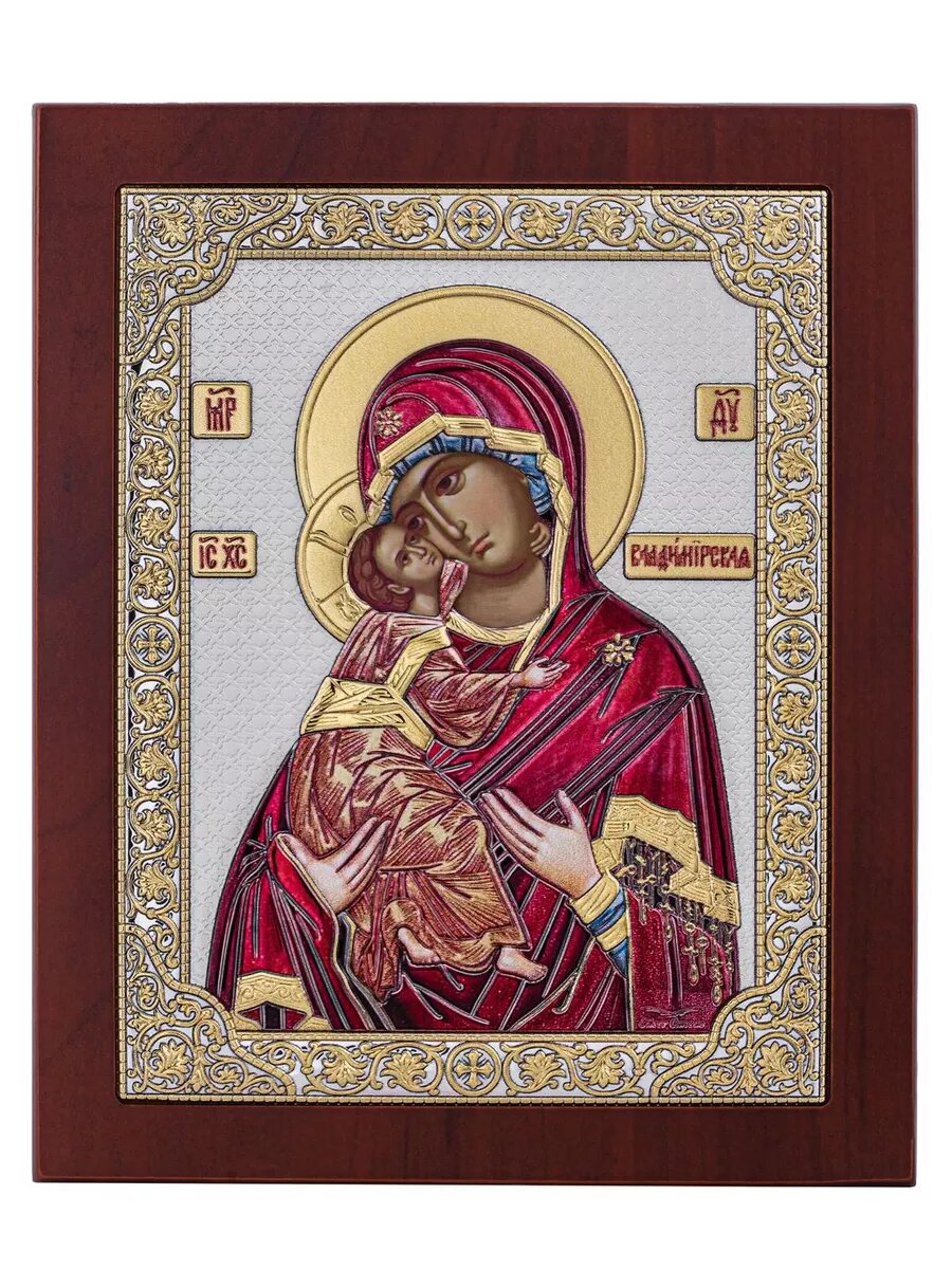 Икона серебряная, греческая Владимирская БМ, 175х225мм.