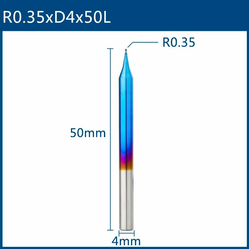 Фреза спиральная сферическая двухзаходная XCAN, 4хR0,35х50 мм, нано-синее покрытие
