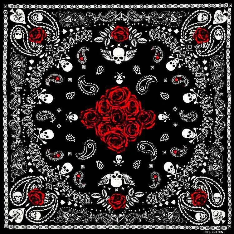 Черная бандана с черепом и розами, хлопок, Style 27