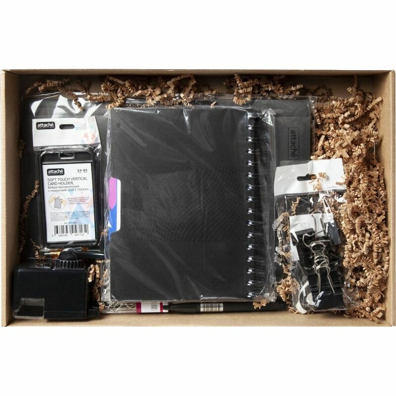 Attache Selection Набор канцелярский подарочный Digital черный: бизнес-тетрадь, бейдж, карандаш, ручка, ласти, точилка, стикеры, зажим для бумаг