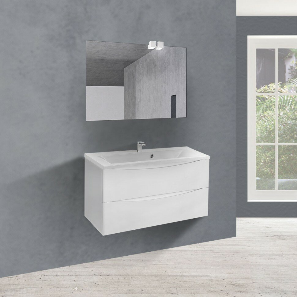 База под раковину Миа (Mia) 900 подвесная, 2 выкатных ящика микролифт, Белый глянцевый (G.White)