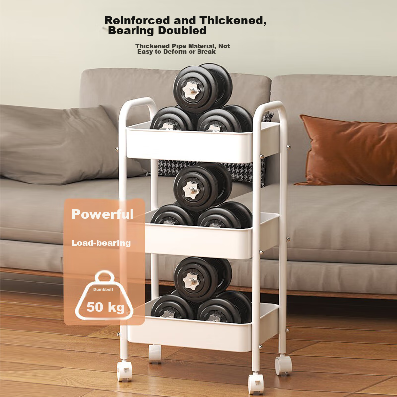 Shun You Storage Rack, Floor-Standing Carbon Steel Shelf, Mobile Kitchen Organizer, Movable Cart with Three Layers, White, SY-139