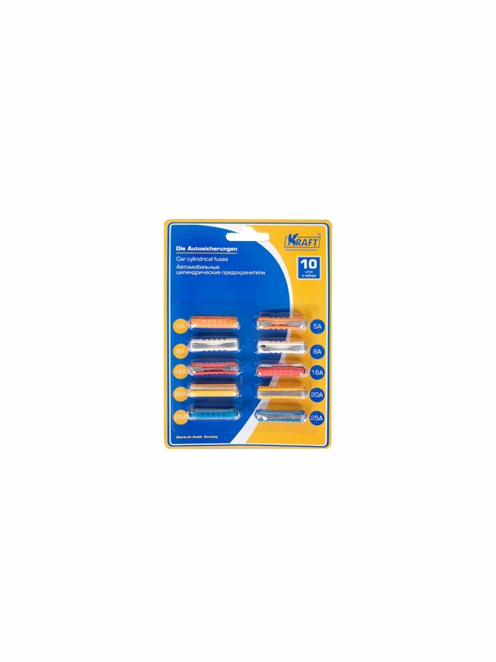 Предохранители цилиндрические для а/м ВАЗ 2101/08 KRAFT 10 шт, 2х5А, 2х8А, 2х16А, 2х20А, 2х25А