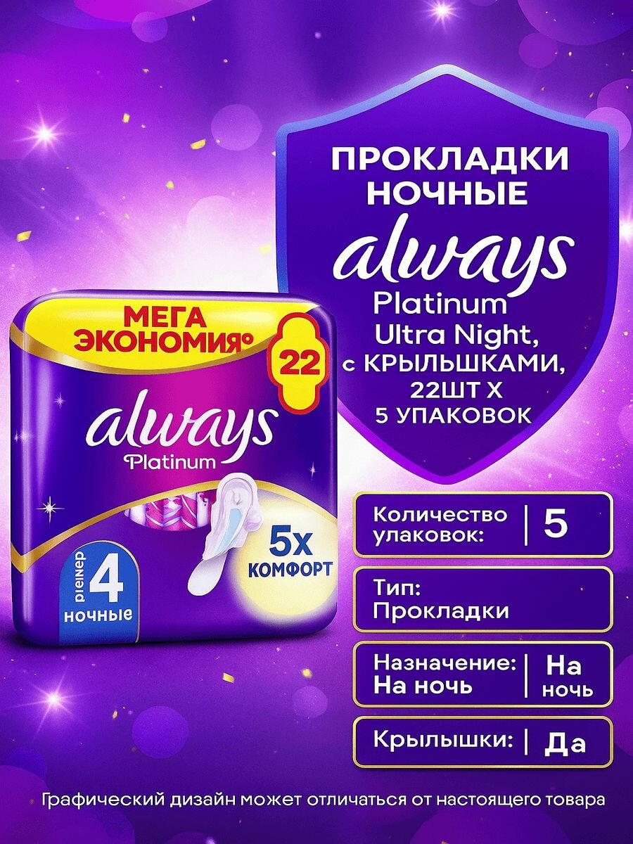 Прокладки ночные ALWAYS Platinum Ultra Night, с крылышками, 22шт x 5 упаковок
