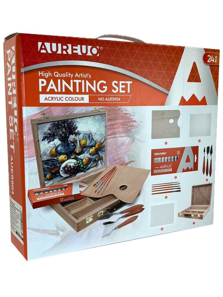 Акрил в наборе для творчества 12 цветов по 12 мл. с ящиком для художника и аксессуарами Aureuo, артикул AUES904