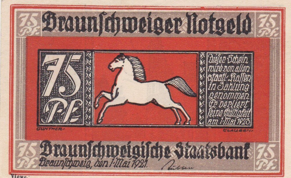 Германия (Веймарская Республика) Брауншвейг 75 пфеннигов 01.05.1921 г. (Вид 4) (2)