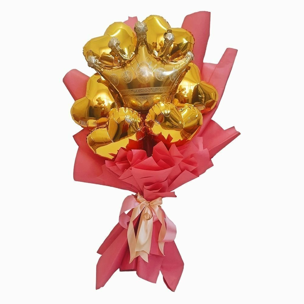 Букет из мини-шаров с золотыми сердцами и короной