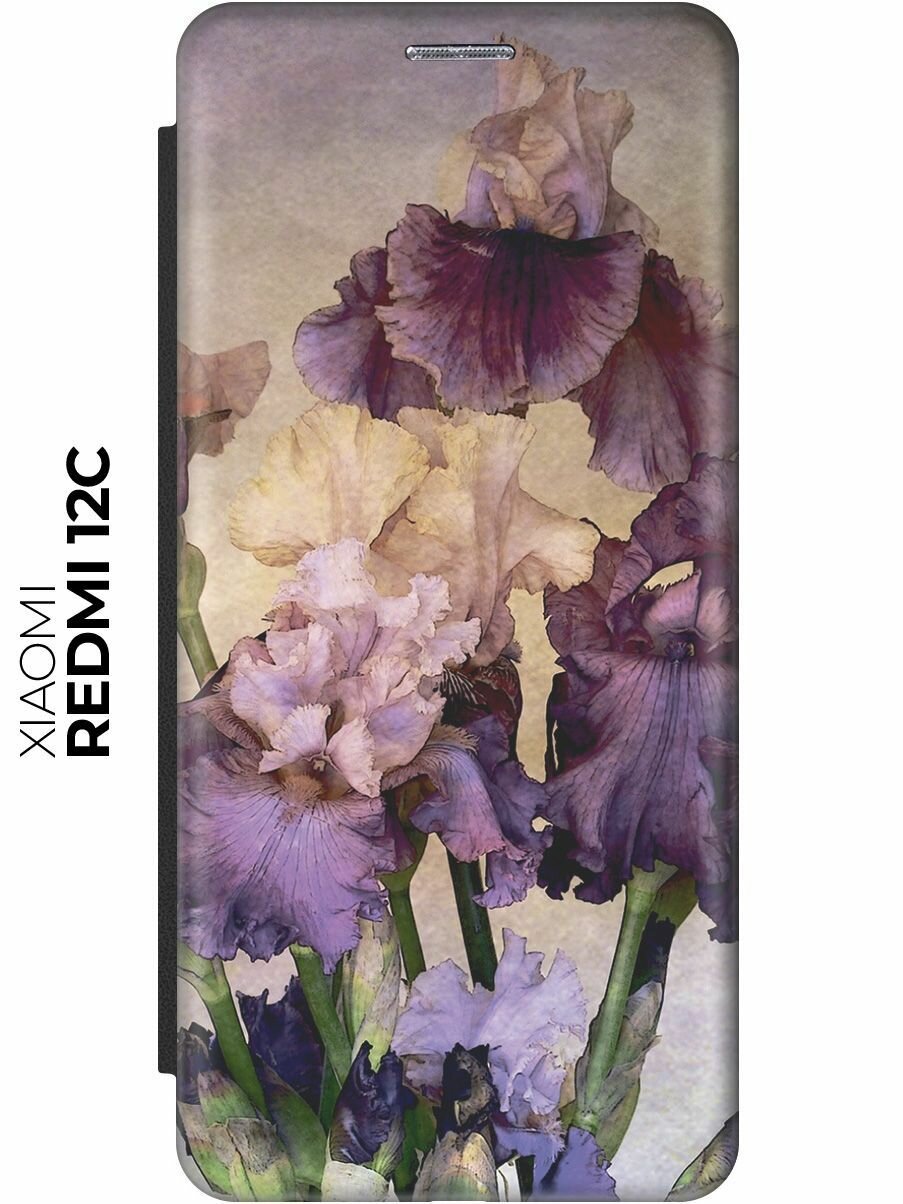 Чехол-книжка Фиолетовые цветы на Xiaomi Redmi 12C / Сяоми Редми 12С черный