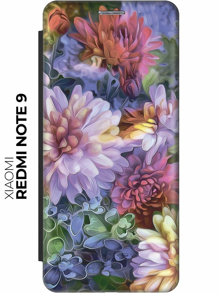 Чехол-книжка Цветные хризантемы на Xiaomi Redmi Note 9 / Сяоми Редми Ноут 9 черный