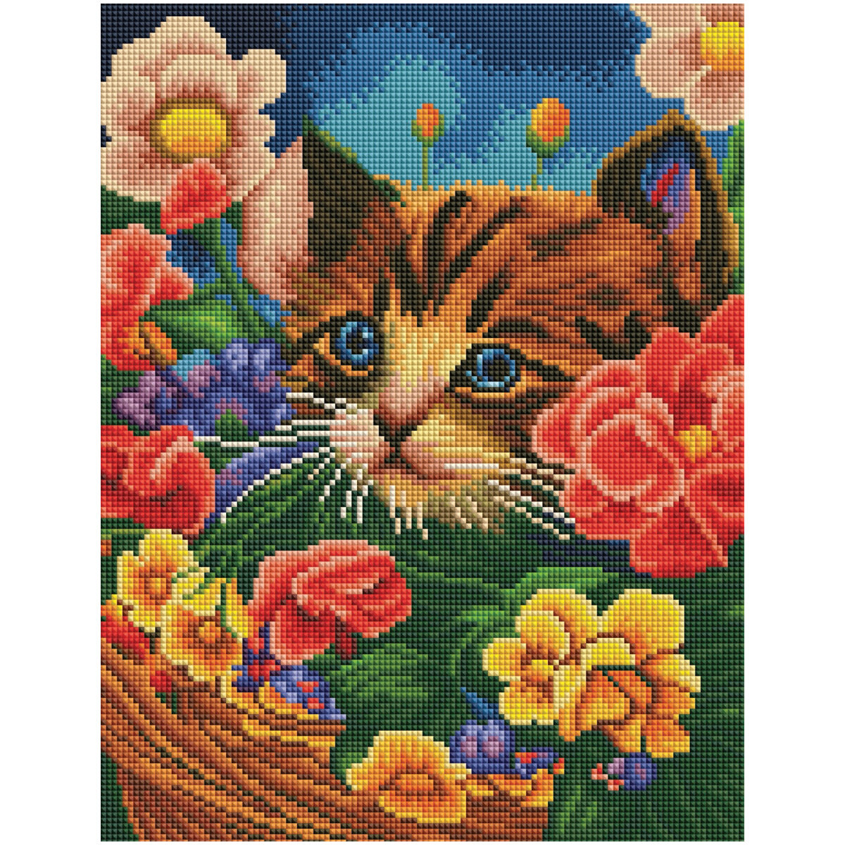 Алмазная мозаика ТРИ совы «Котенок в цветочной корзине», 30×40см, холст на деревянном подрамнике, картонная коробка с пластиковой ручкой