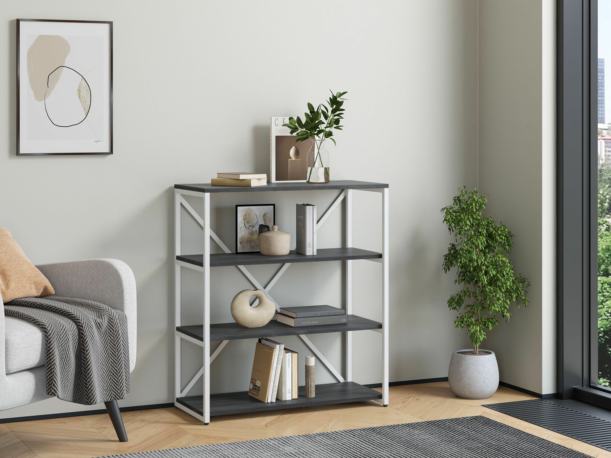 Стеллаж Айсберг Лофт 80/4 / Белый/ с полками северное дерево темное/ Для дачи/ для дома/ для книг/ в офис