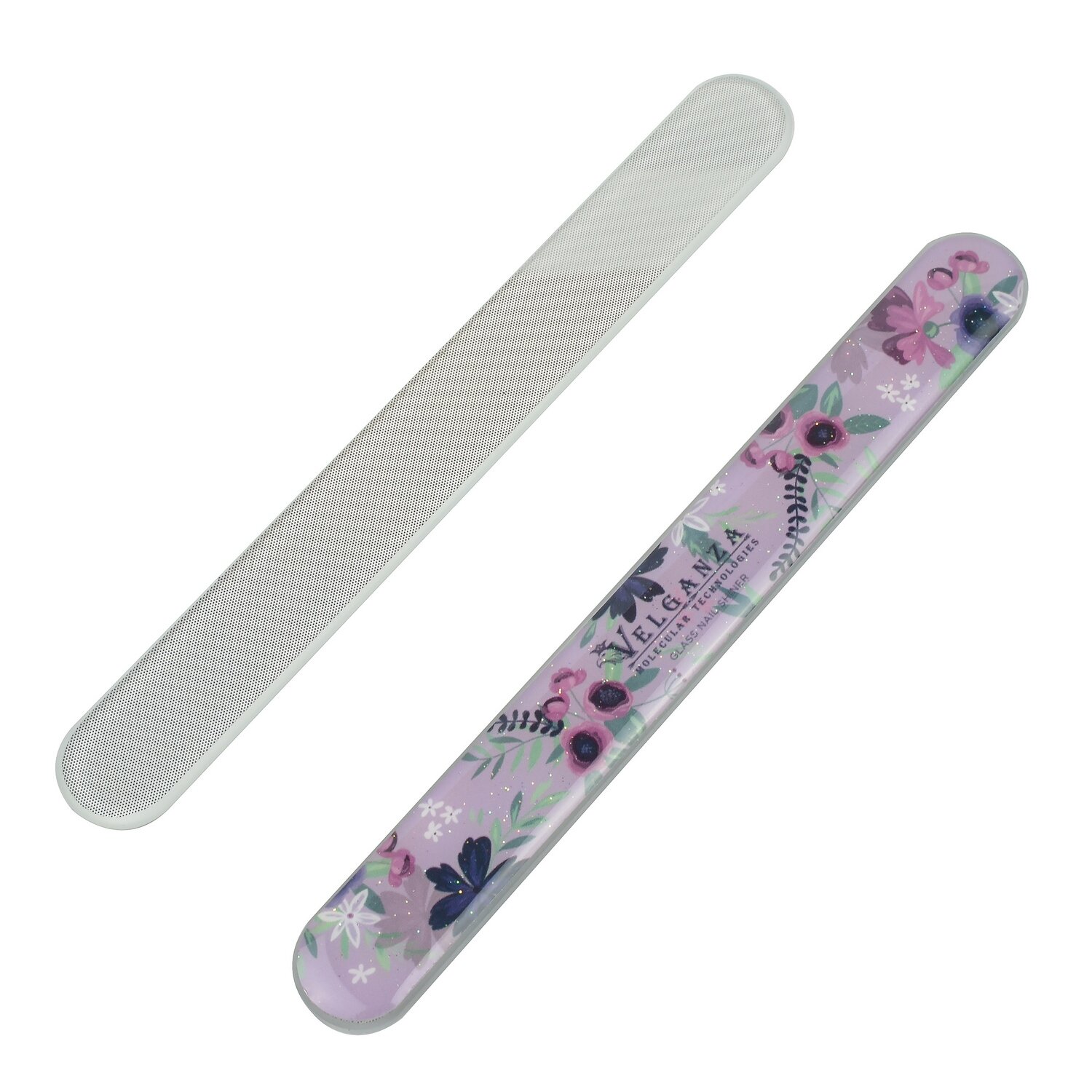Пилка стеклянная Velganza с эффектом ламинирования ногтей, длина 12 см, фиолетовые цветы