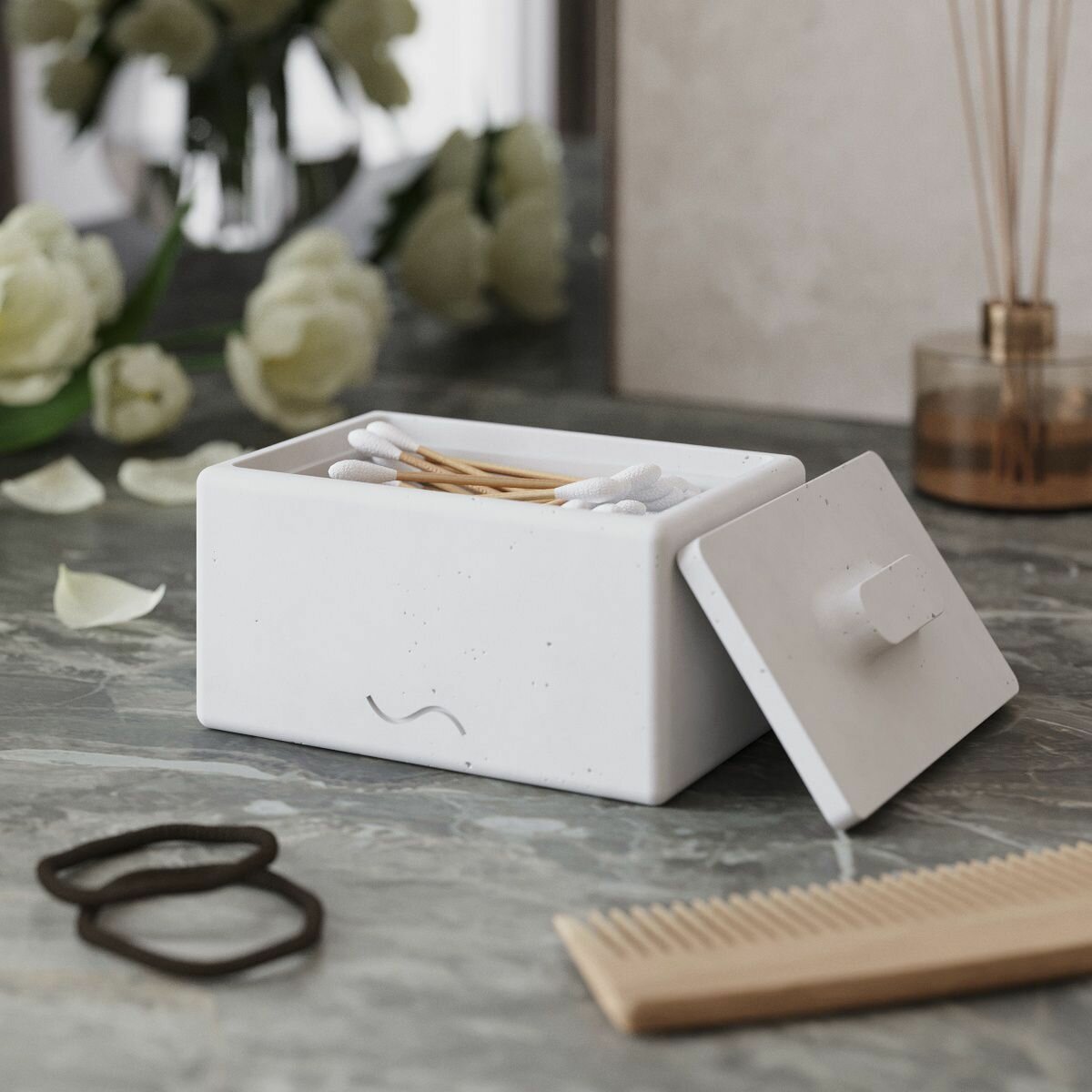 Контейнер для ватных палочек, органайзер для мелочей в ваную Emily , 12x8 см, с крышкой, бетон, белый матовый