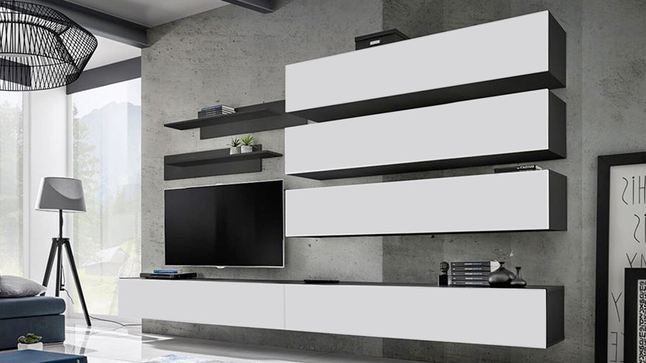 Гостиная 4 Белый Фасадный 0101 / Черный 0190 NEW 320x40x180 см, белый фасадный, черный Фиеста