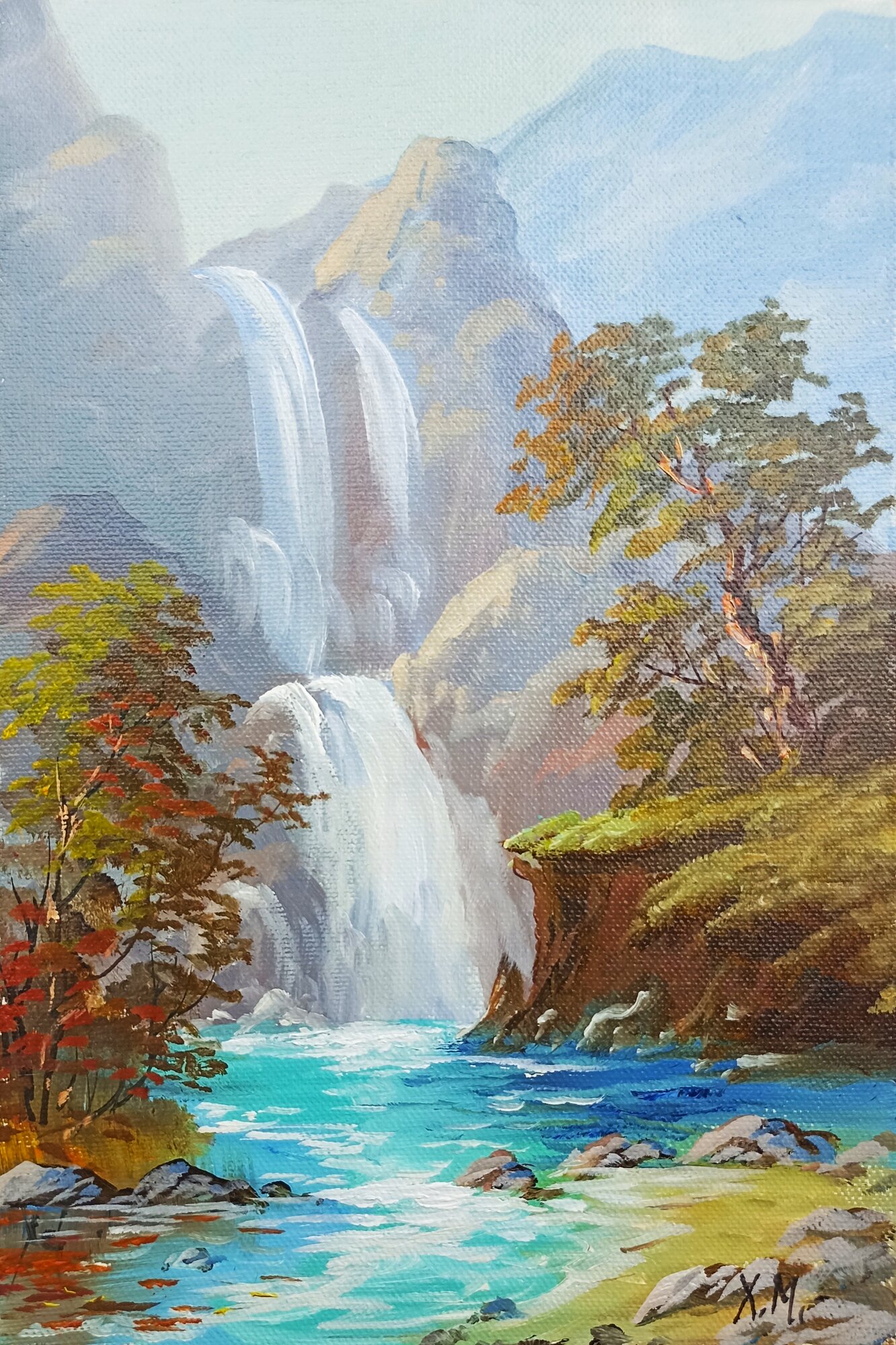 Картина масло/холст. 100% ручная работа, 100% живопись от Художественной мастерской Грëзы. Картина из серии "Водопады". Двойной водопад. Горная река. Размер картины 20х30 см.