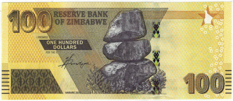 Купюра. Зимбабве. 100 долларов. 2020 год. UNC. Пресс