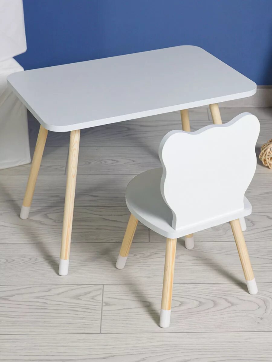 Детский стол и стул мишка, белый комплект детской мебели RuLes