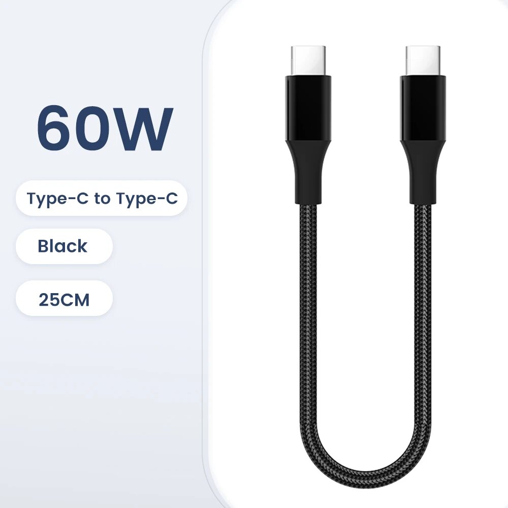 Короткий кабель Type-C - USB-C длиной 30 см для быстрой зарядки iPhone 15, Xiaomi, 25cm 60w CC black