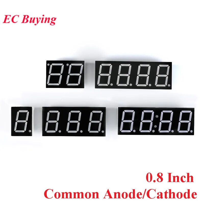 2шт. LED дисплей 0.8" 7-сегментный, красный, 4 Bit Clock Cathode