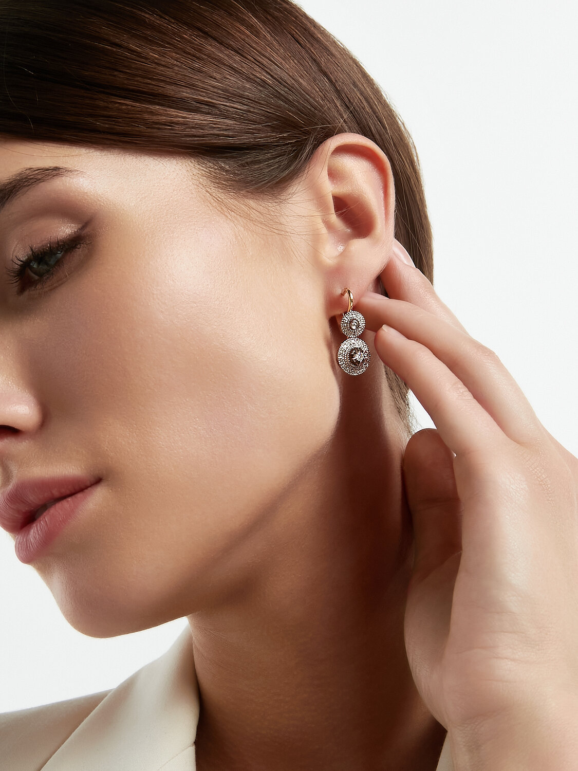 Серьги с подвесками, комбинированное, желтое, белое золото, 585 проба, родирование, бриллиант