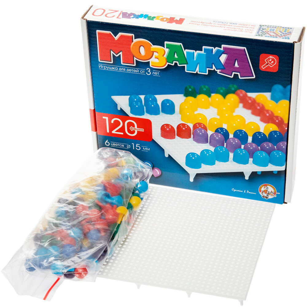 Мозаика детская /120 фишек d 15мм (6 цветов), игровое поле 23х20 см / для детей от 3 лет