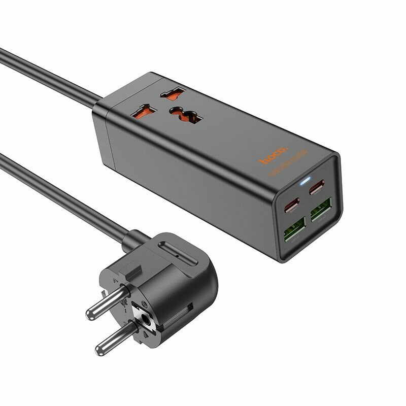 Сетевое зарядное устройство HOCO AC10A 65W, 2xUSB-A, 2xUSB-C, AC250V/2500W, 1.5 метра, черный