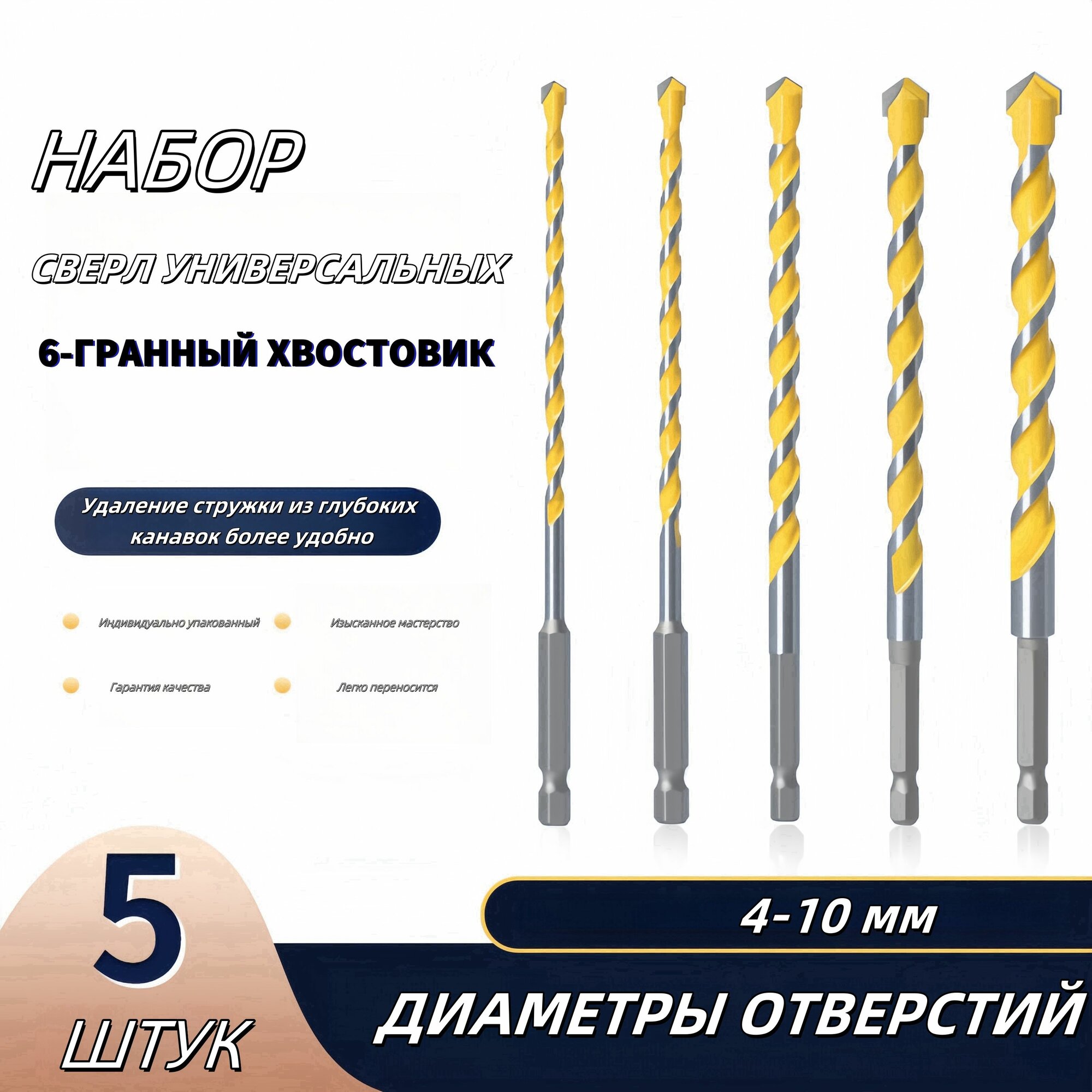 Набор сверл по металлу, бетону, древесине и плитки Multi purpose PRO, 4-10 мм и 5 штук