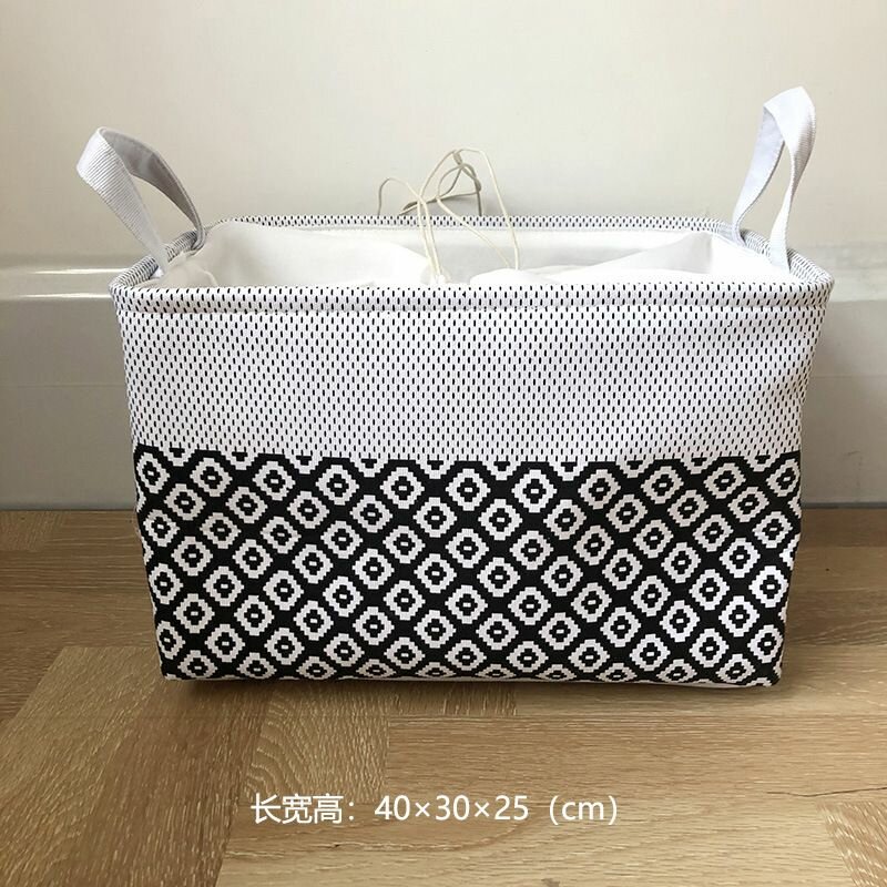 Корзина для вещей, белья, мелочей сканди, белая с черным узором 40х30х25 см. с крышкой (балдахин на шнурке).