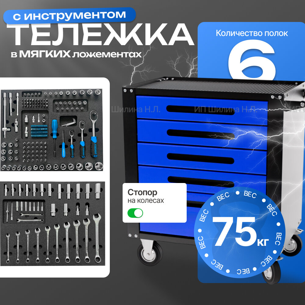 Тележка инструментальная с инструментом Forsage 216 пр. в мягких ложементах