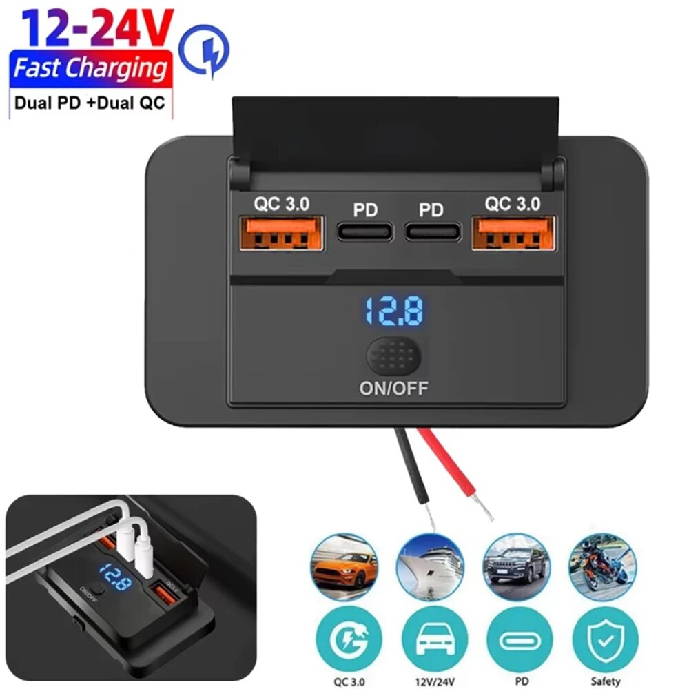 Двойные адаптеры PD USB C, розетка для автомобильного зарядного порта, настенное крепление, аксессуары для лодок, морских кемперов, грузовиков, гольф-кары 12/24 В