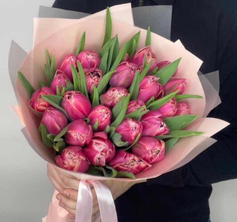 Букет живых цветов "Тюльпаны пионовидные" NURA FLOWERS, 35 цветков, высота 40 см, розовый — фото 1
