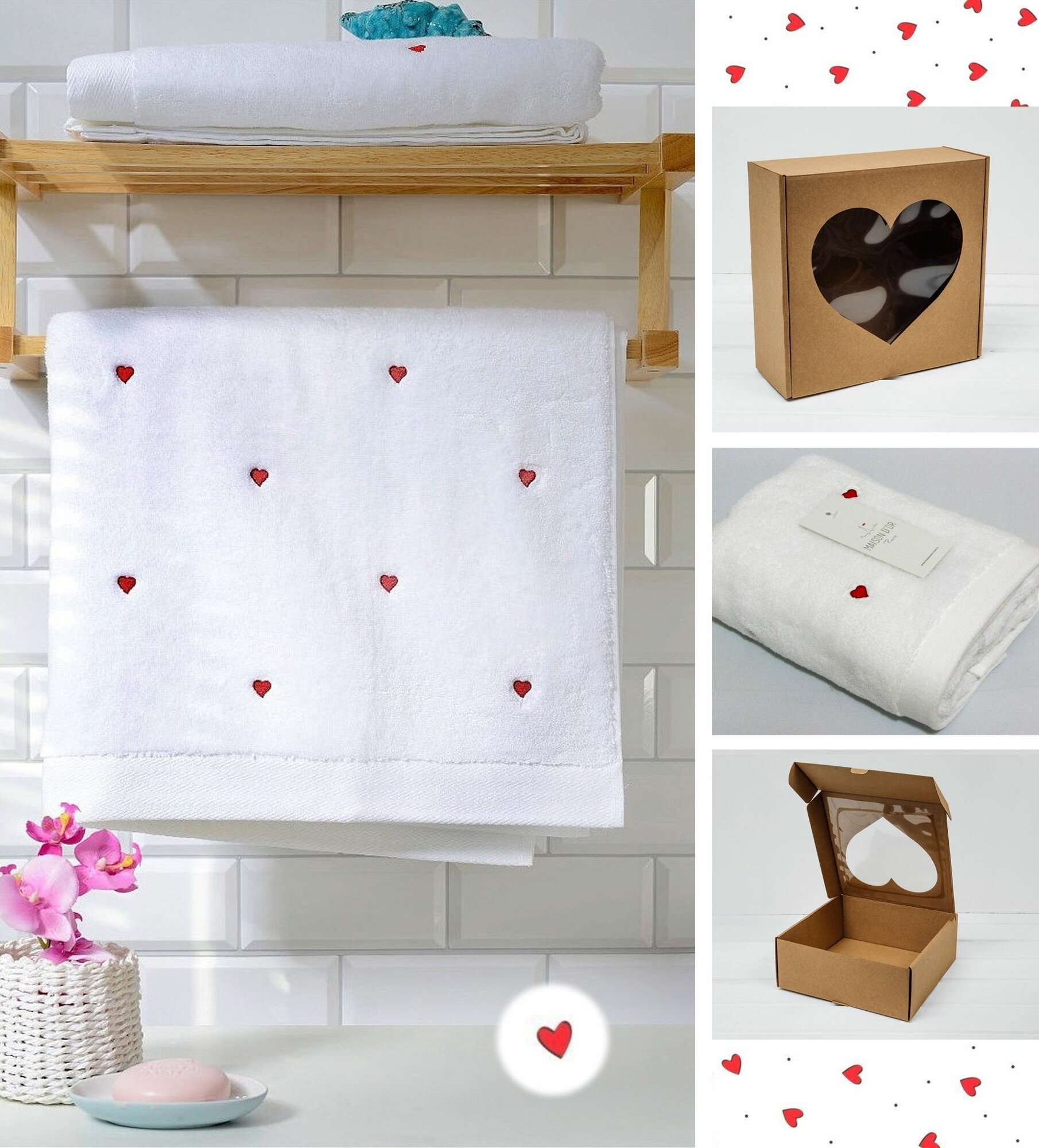 Полотенце Maison Dor LOVE KIRMIZI любовь (белое с красными сердечками) 50х100 + подарочная коробка (сердце)
