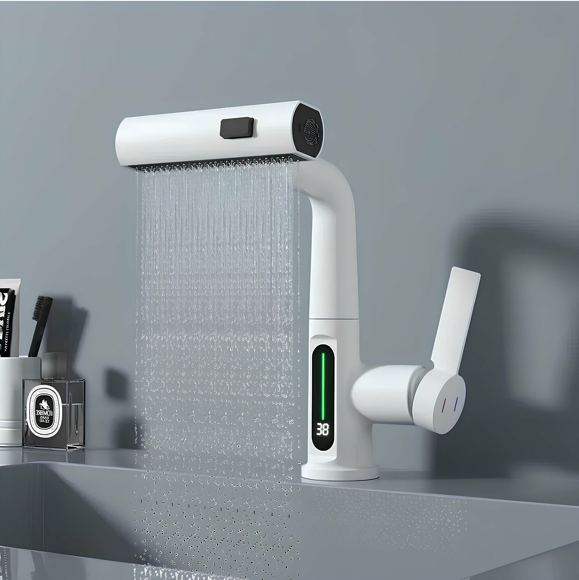 Смеситель для кухонной мойки "Dikalan" DT40372-8 с высоким поворотным выдвижным изливом и дисплеем, латунь, белый цвет